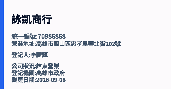 詠凱商行的照片-統編 70986868(高雄市) 公司登記資料與營業項目詳細圖表