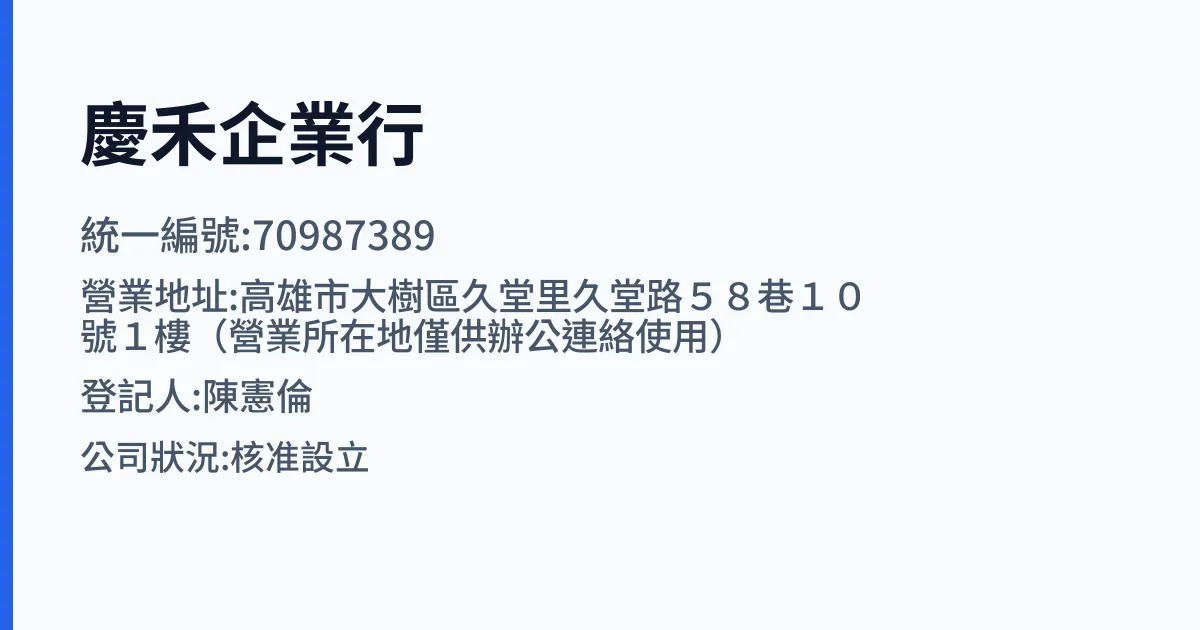 慶禾企業行 - 統編 70987389(高雄市) 公司登記資料與營業項目詳細圖表