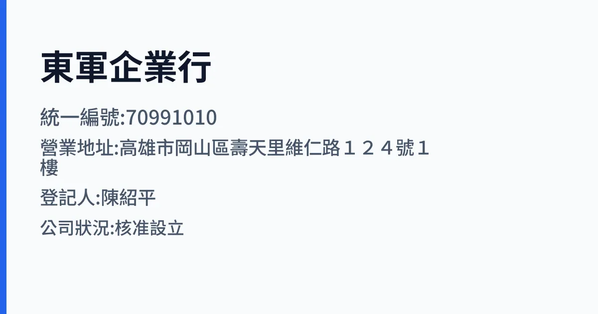 東軍企業行 - 統編 70991010(高雄市) 公司登記資料與營業項目詳細圖表