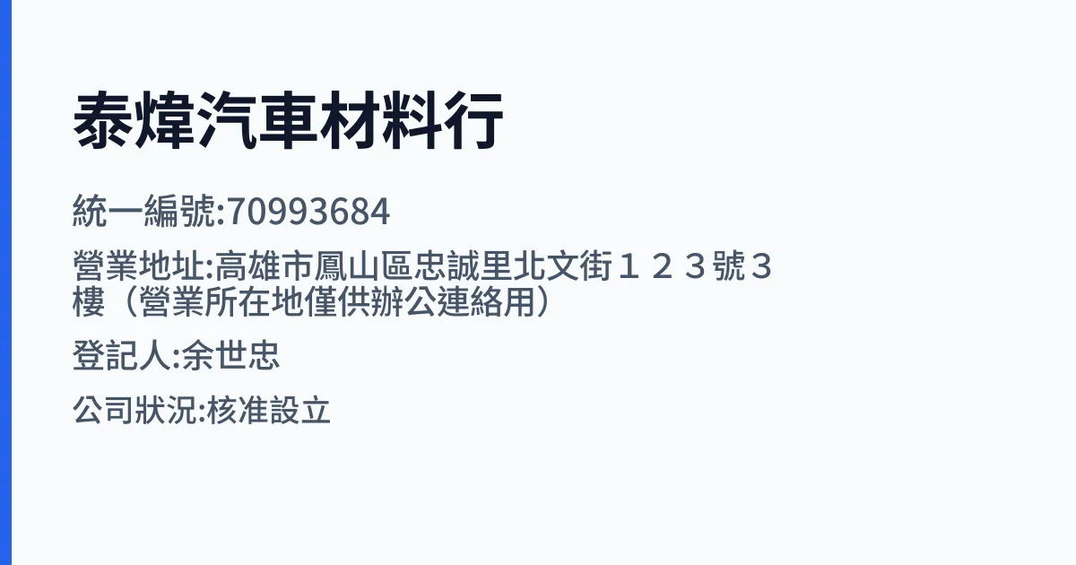 泰煒汽車材料行 - 統編 70993684(高雄市) 公司登記資料與營業項目詳細圖表