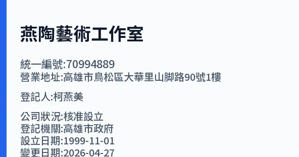 燕陶藝術工作室的照片-統編 70994889(高雄市) 公司登記資料與營業項目詳細圖表