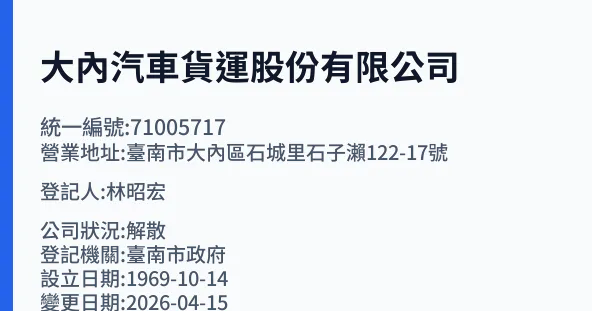 大內汽車貨運股份有限公司的照片-統編 71005717(臺南市) 公司登記資料與營業項目詳細圖表