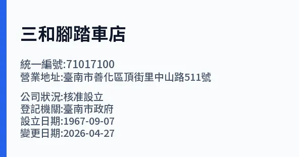 三和腳踏車店的照片-統編 71017100(臺南市) 公司登記資料與營業項目詳細圖表