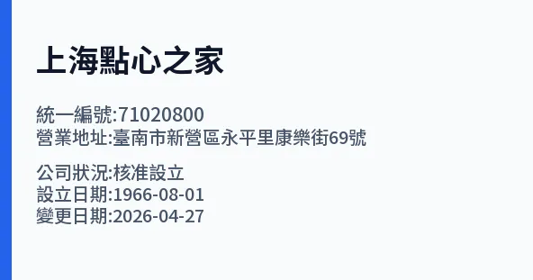 上海點心之家的照片-統編 71020800(臺南市) 公司登記資料與營業項目詳細圖表