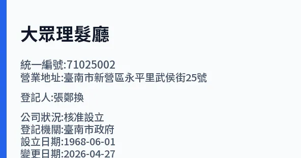 大眾理髮廳的照片-統編 71025002(臺南市) 公司登記資料與營業項目詳細圖表