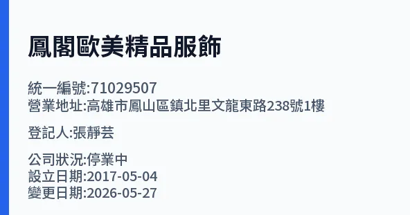 鳳閣歐美精品服飾的照片-統編 71029507(高雄市) 公司登記資料與營業項目詳細圖表
