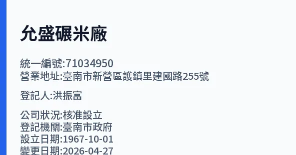 允盛碾米廠的照片-統編 71034950(臺南市) 公司登記資料與營業項目詳細圖表
