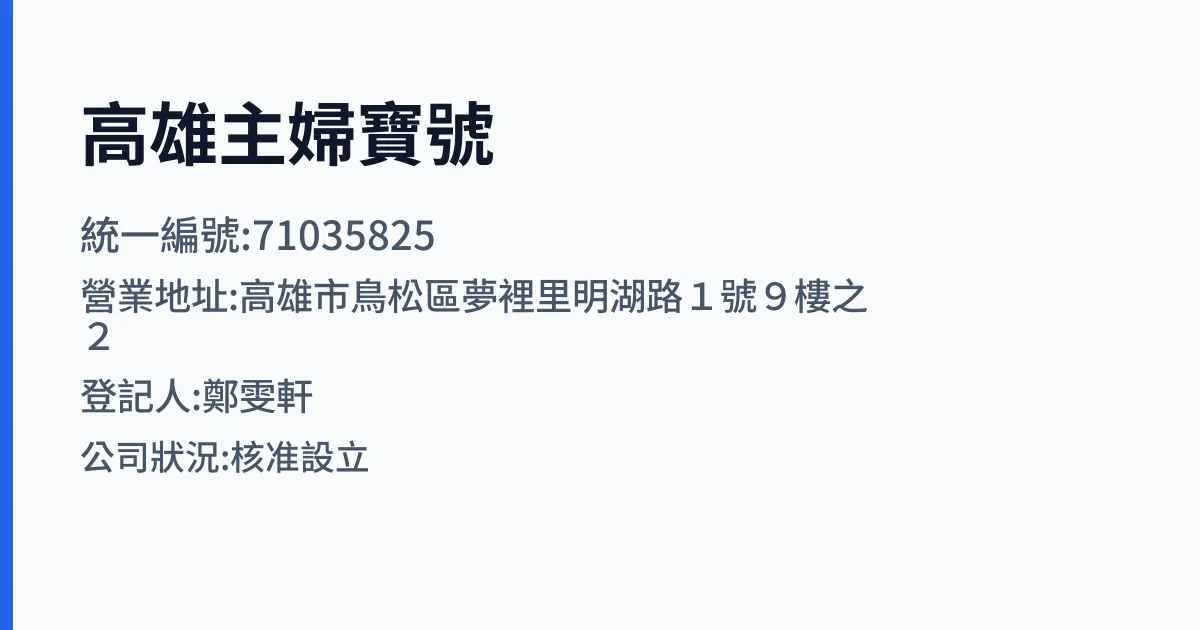 高雄主婦寶號 - 統編 71035825(高雄市) 公司登記資料與營業項目詳細圖表
