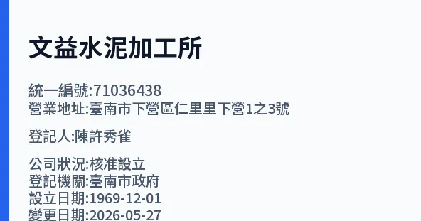 文益水泥加工所的照片-統編 71036438(臺南市) 公司登記資料與營業項目詳細圖表