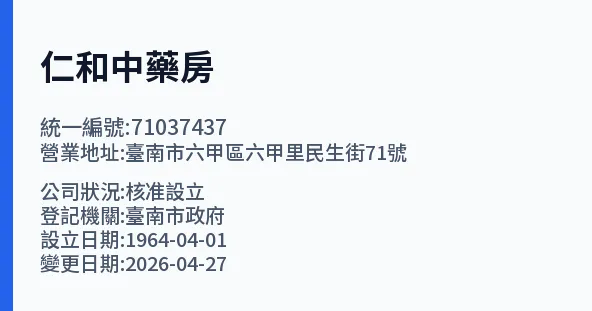 仁和中藥房的照片-統編 71037437(臺南市) 公司登記資料與營業項目詳細圖表