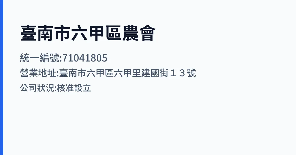 臺南市六甲區農會 - 統編 71041805(臺南市) 公司登記資料與營業項目詳細圖表