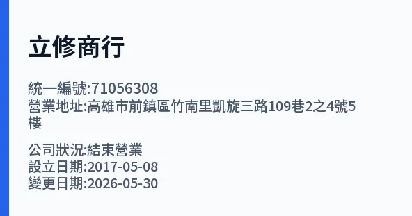 立修商行的照片-統編 71056308(高雄市) 公司登記資料與營業項目詳細圖表