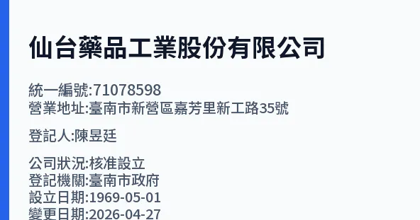 仙台藥品工業股份有限公司的照片-統編 71078598(臺南市) 公司登記資料與營業項目詳細圖表
