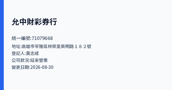 允中財彩券行的照片-統編 71079668(高雄市) 公司登記資料與營業項目詳細圖表