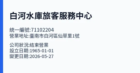 白河水庫旅客服務中心的照片-統編 71102204(臺南市) 公司登記資料與營業項目詳細圖表