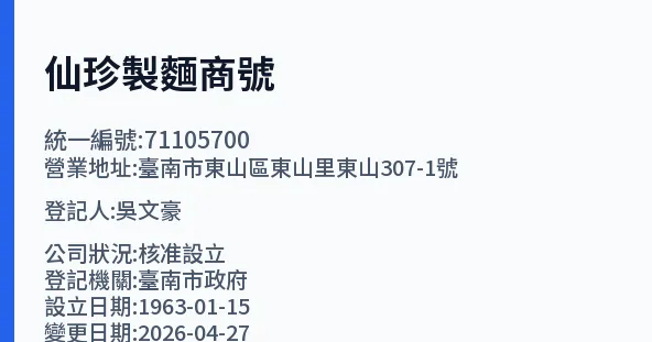 仙珍製麵商號的照片-統編 71105700(臺南市) 公司登記資料與營業項目詳細圖表