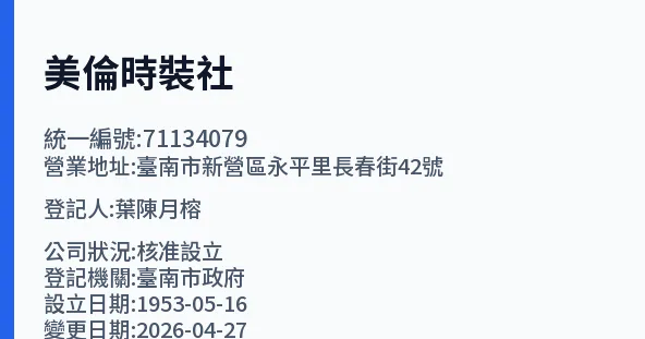 美倫時裝社的照片-統編 71134079(臺南市) 公司登記資料與營業項目詳細圖表