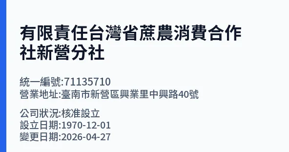 有限責任台灣省蔗農消費合作社新營分社的照片-統編 71135710(臺南市) 公司登記資料與營業項目詳細圖表