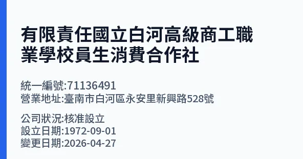 有限責任國立白河高級商工職業學校員生消費合作社的照片-統編 71136491(臺南市) 公司登記資料與營業項目詳細圖表