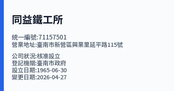 同益鐵工所的照片-統編 71157501(臺南市) 公司登記資料與營業項目詳細圖表