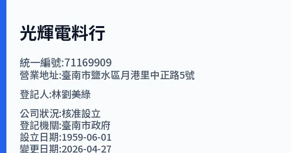 光輝電料行的照片-統編 71169909(臺南市) 公司登記資料與營業項目詳細圖表