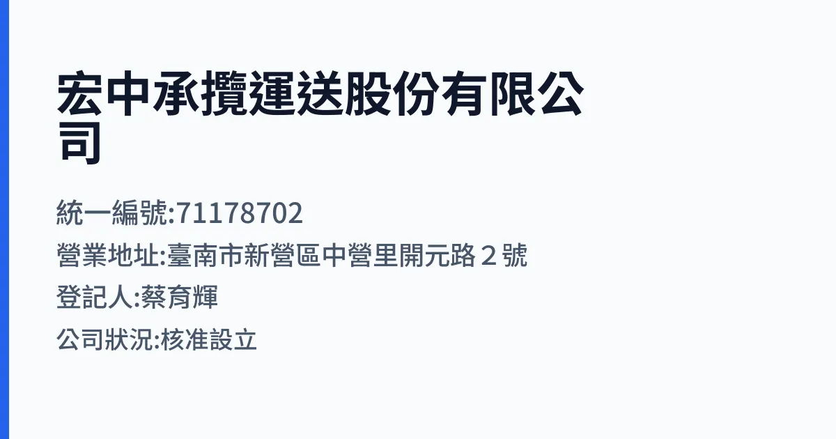 宏中承攬運送股份有限公司 - 統編 71178702(臺南市) 公司登記資料與營業項目詳細圖表