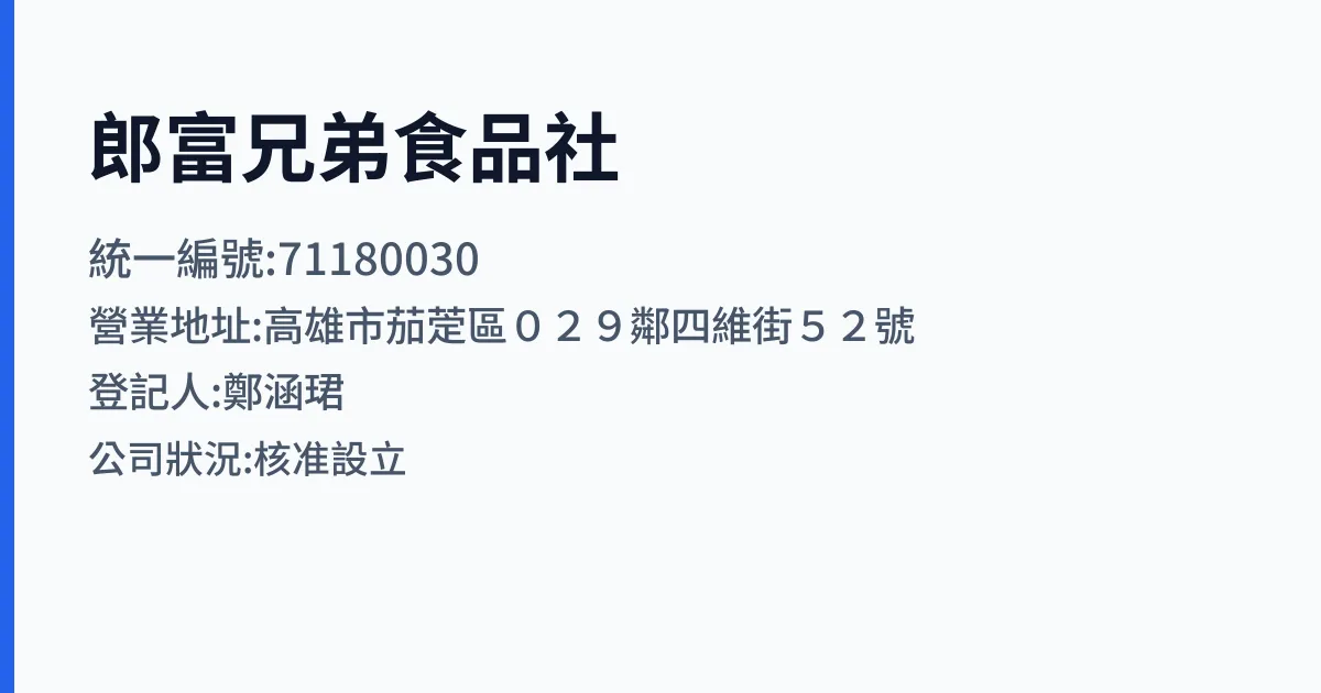 郎富兄弟食品社 - 統編 71180030(高雄市) 公司登記資料與營業項目詳細圖表