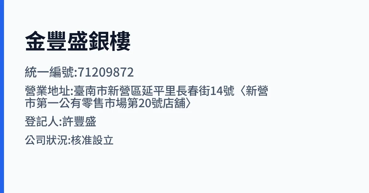 金豐盛銀樓 - 統編 71209872(臺南市) 公司登記資料與營業項目詳細圖表