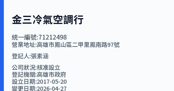 金三冷氣空調行的照片-統編 71212498(高雄市) 公司登記資料與營業項目詳細圖表