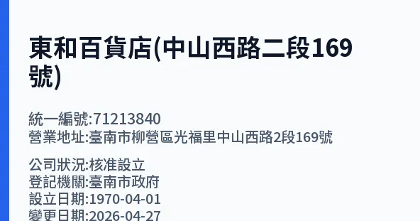 東和百貨店(中山西路二段169號)的照片-統編 71213840(臺南市) 公司登記資料與營業項目詳細圖表
