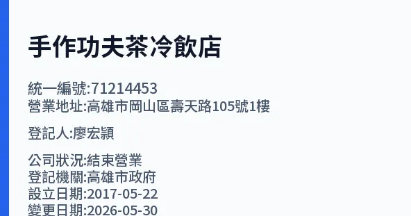 手作功夫茶冷飲店的照片-統編 71214453(高雄市) 公司登記資料與營業項目詳細圖表