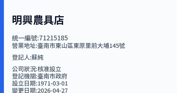 明興農具店的照片-統編 71215185(臺南市) 公司登記資料與營業項目詳細圖表