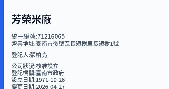 芳榮米廠的照片-統編 71216065(臺南市) 公司登記資料與營業項目詳細圖表