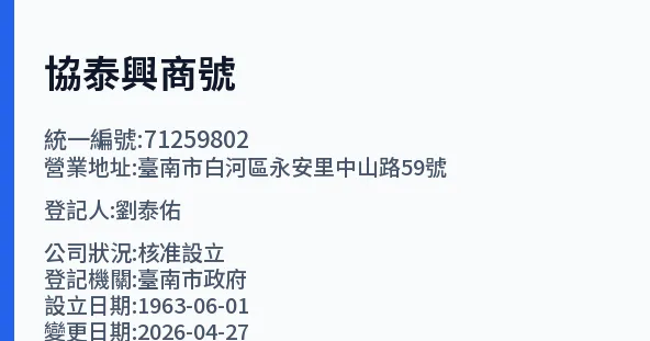 協泰興商號的照片-統編 71259802(臺南市) 公司登記資料與營業項目詳細圖表