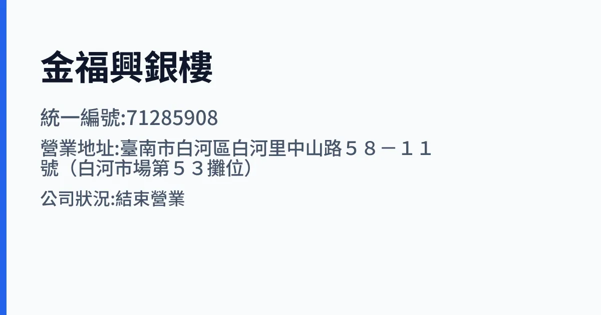 金福興銀樓 - 統編 71285908(臺南市) 公司登記資料與營業項目詳細圖表