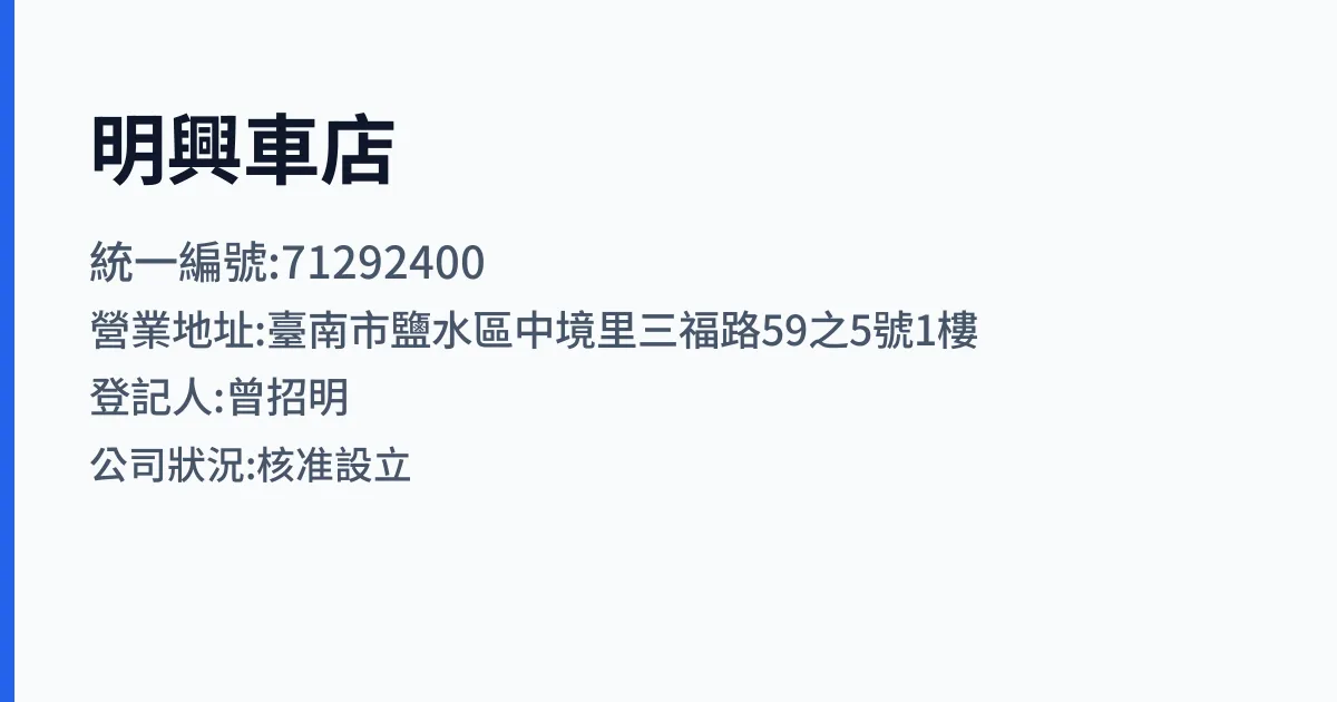 明興車店 - 統編 71292400(臺南市) 公司登記資料與營業項目詳細圖表