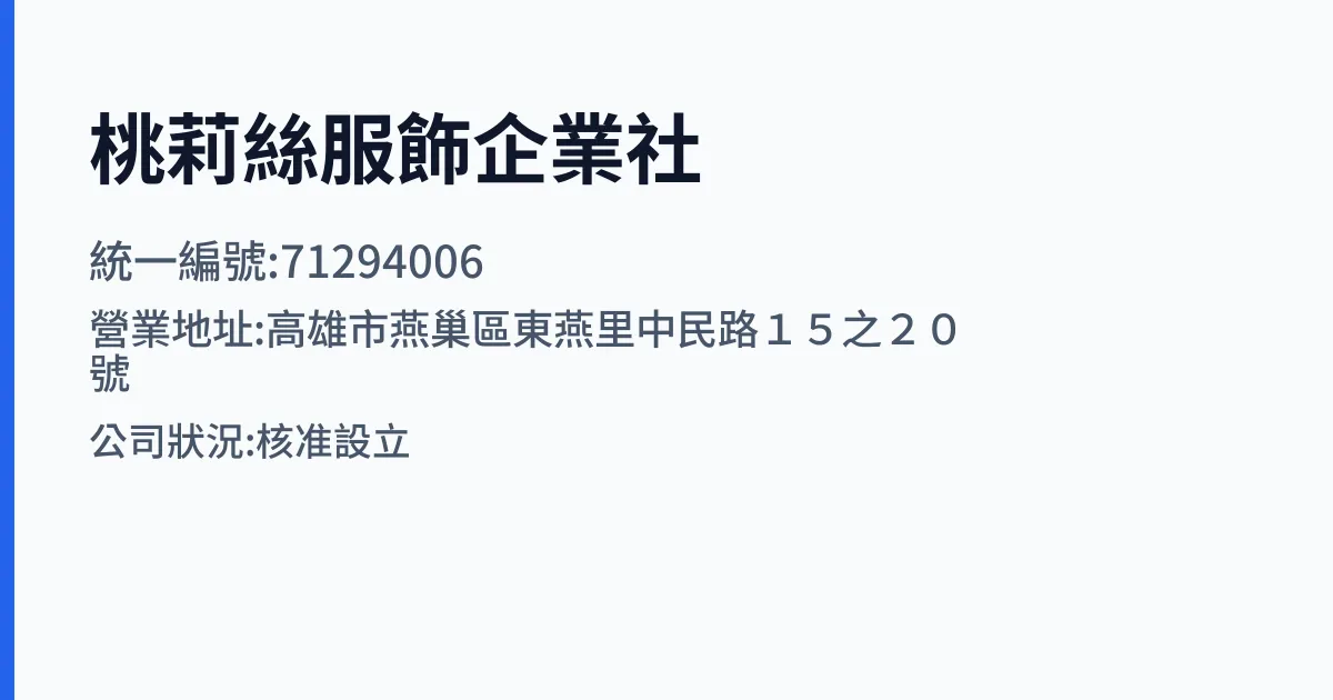 桃莉絲服飾企業社 - 統編 71294006(高雄市) 公司登記資料與營業項目詳細圖表