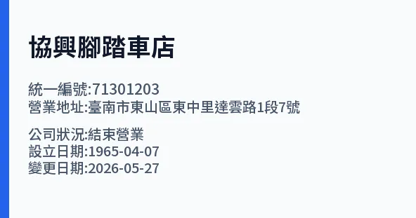 協興腳踏車店的照片-統編 71301203(臺南市) 公司登記資料與營業項目詳細圖表