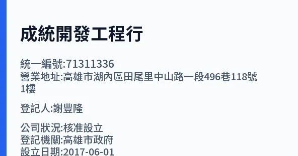 成統開發工程行的照片-統編 71311336(高雄市) 公司登記資料與營業項目詳細圖表