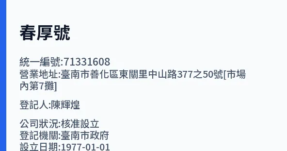 春厚號的照片-統編 71331608(臺南市) 公司登記資料與營業項目詳細圖表