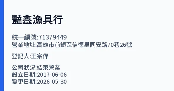 豔鑫漁具行的照片-統編 71379449(高雄市) 公司登記資料與營業項目詳細圖表