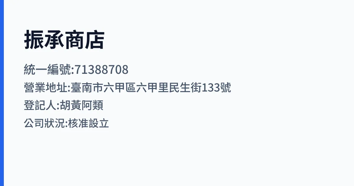 振承商店 - 統編 71388708(臺南市) 公司登記資料與營業項目詳細圖表