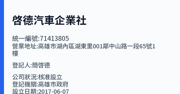 啓德汽車企業社的照片-統編 71413805(高雄市) 公司登記資料與營業項目詳細圖表