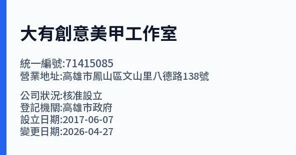 大有創意美甲工作室的照片-統編 71415085(高雄市) 公司登記資料與營業項目詳細圖表