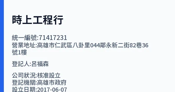 時上工程行的照片-統編 71417231(高雄市) 公司登記資料與營業項目詳細圖表
