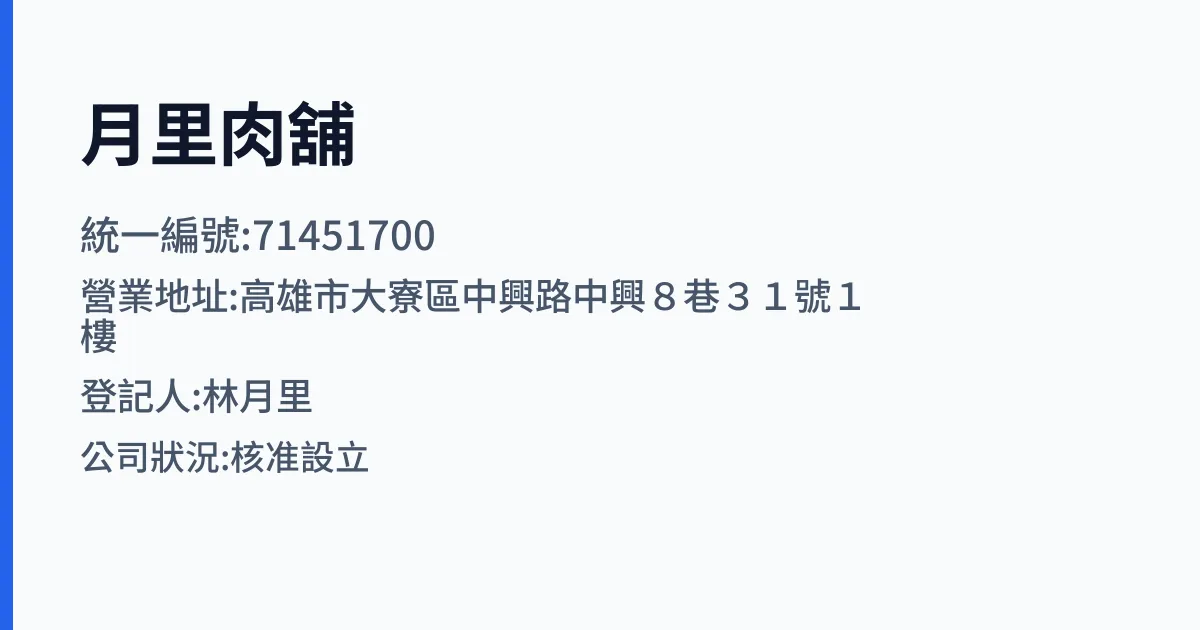 月里肉舖 - 統編 71451700(高雄市) 公司登記資料與營業項目詳細圖表