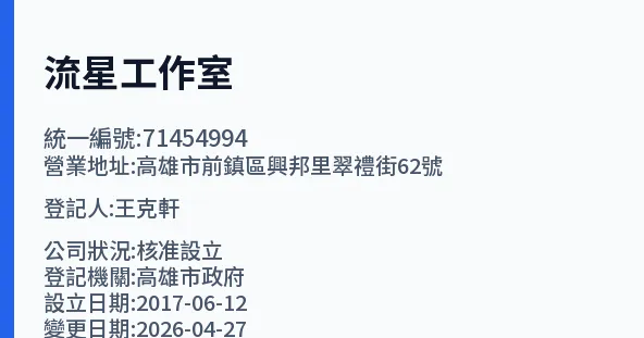 流星工作室的照片-統編 71454994(高雄市) 公司登記資料與營業項目詳細圖表