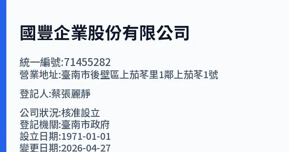 國豐企業股份有限公司的照片-統編 71455282(臺南市) 公司登記資料與營業項目詳細圖表