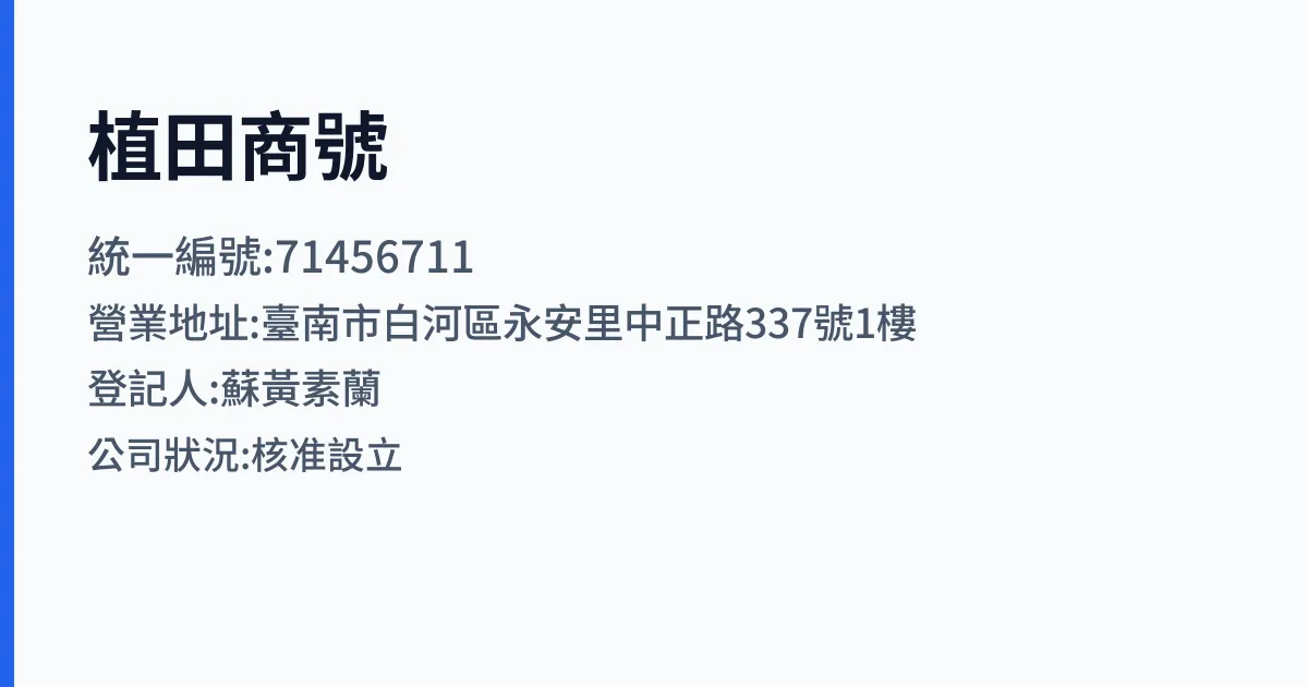 植田商號 - 統編 71456711(臺南市) 公司登記資料與營業項目詳細圖表