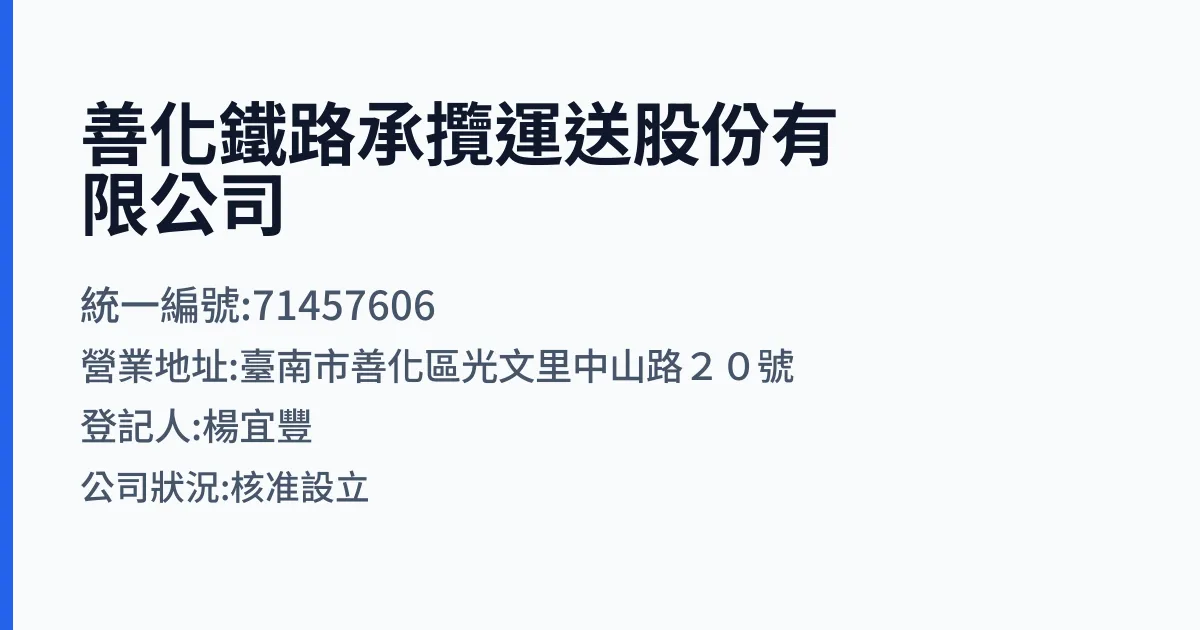 善化鐵路承攬運送股份有限公司 - 統編 71457606(臺南市) 公司登記資料與營業項目詳細圖表